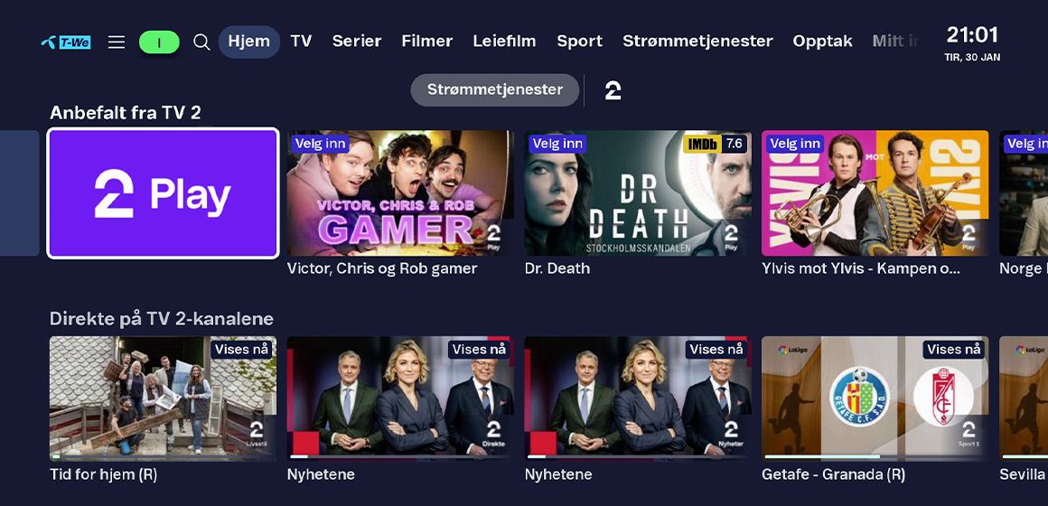 Husk å aktivere TV 2 Play i T-We